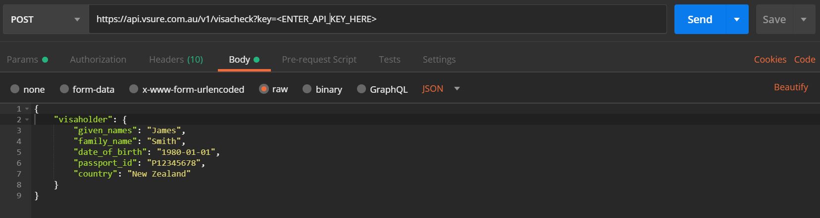 Postman Example - Visa Check / Work Rights Check – vSure